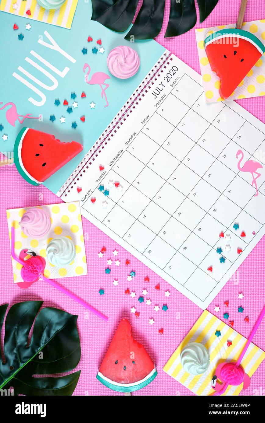 On-trend 2020 calendar page for the month of July modern flat lay with ...