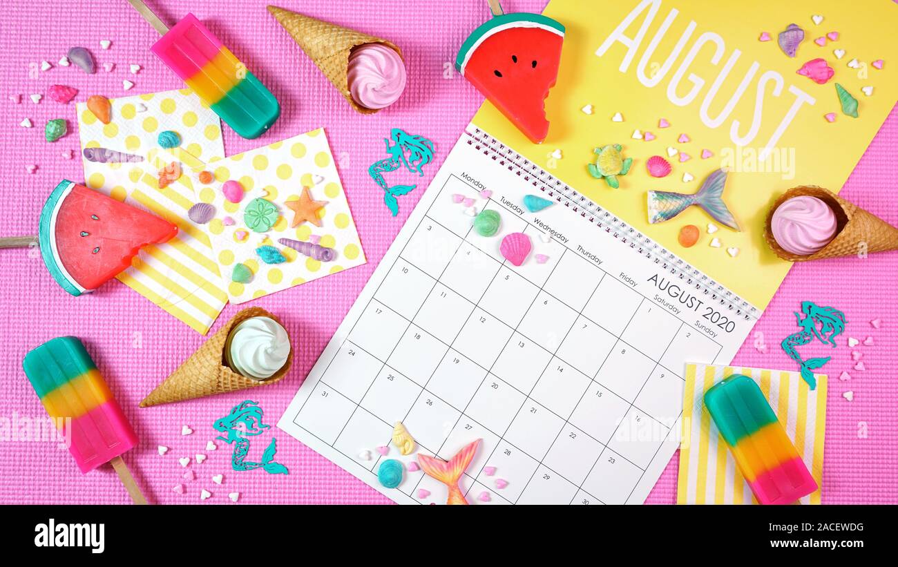 On-trend 2020 calendar page for the month of August modern flat lay ...