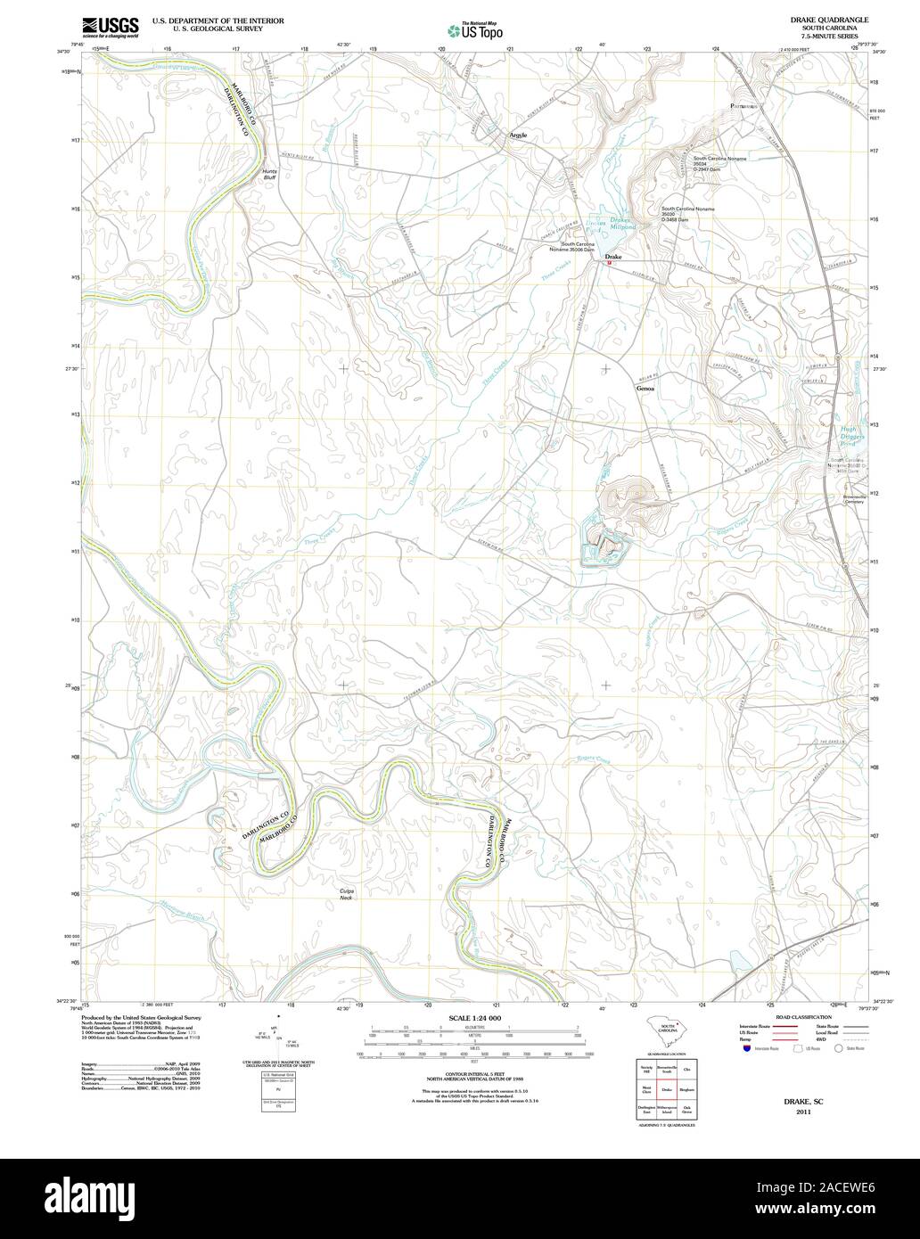 USGS TOPO Map South Carolina SC Drake 20110815 TM Restoration Stock ...