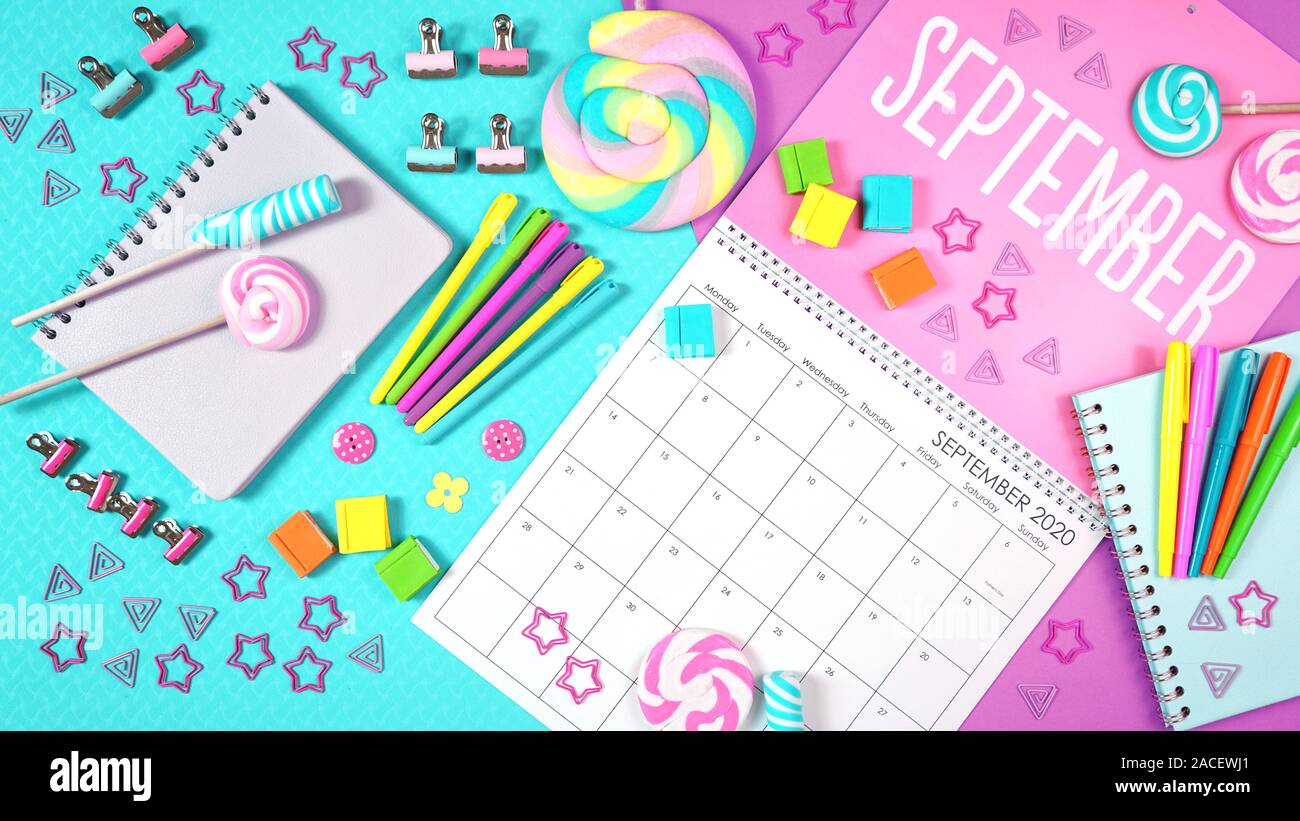 On-trend 2020 calendar page for the month of September modern flat lay ...