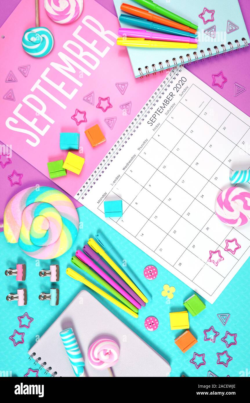 On-trend 2020 calendar page for the month of September modern flat lay ...