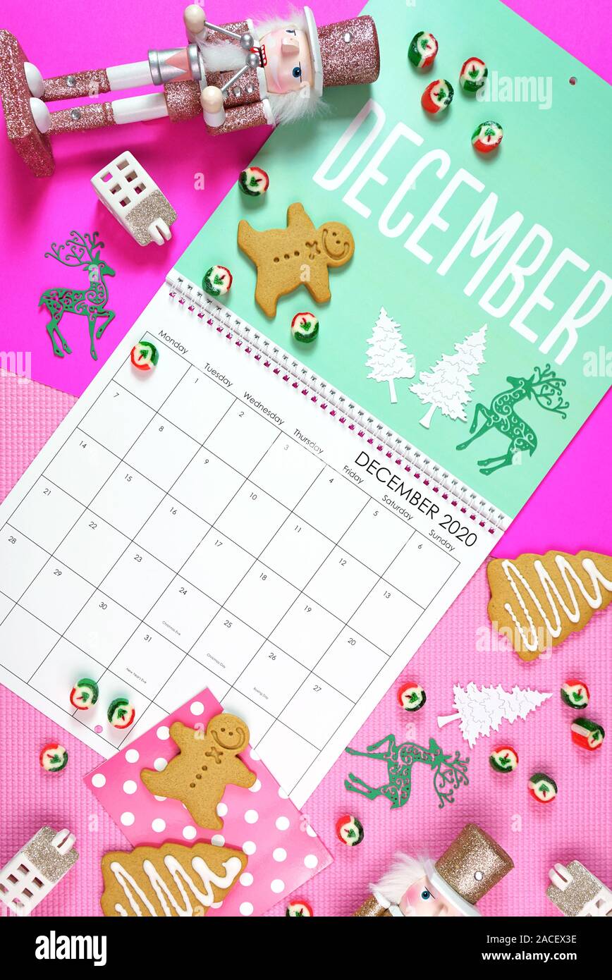 On-trend 2020 calendar page for the month of December modern flat lay ...