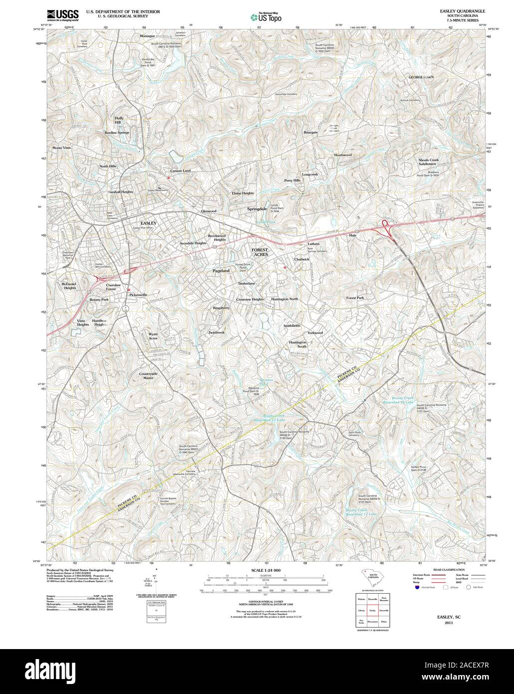 USGS TOPO Map South Carolina SC Easley 20110819 TM Restoration Stock ...