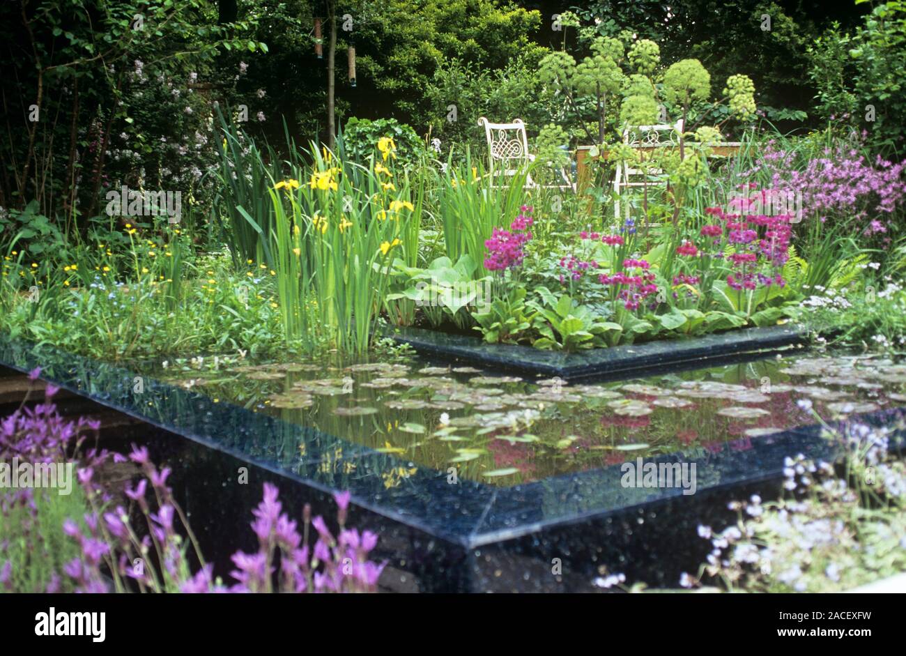Water feature. Photographed at the RHS Chelsea Flower Show, London, UK ...