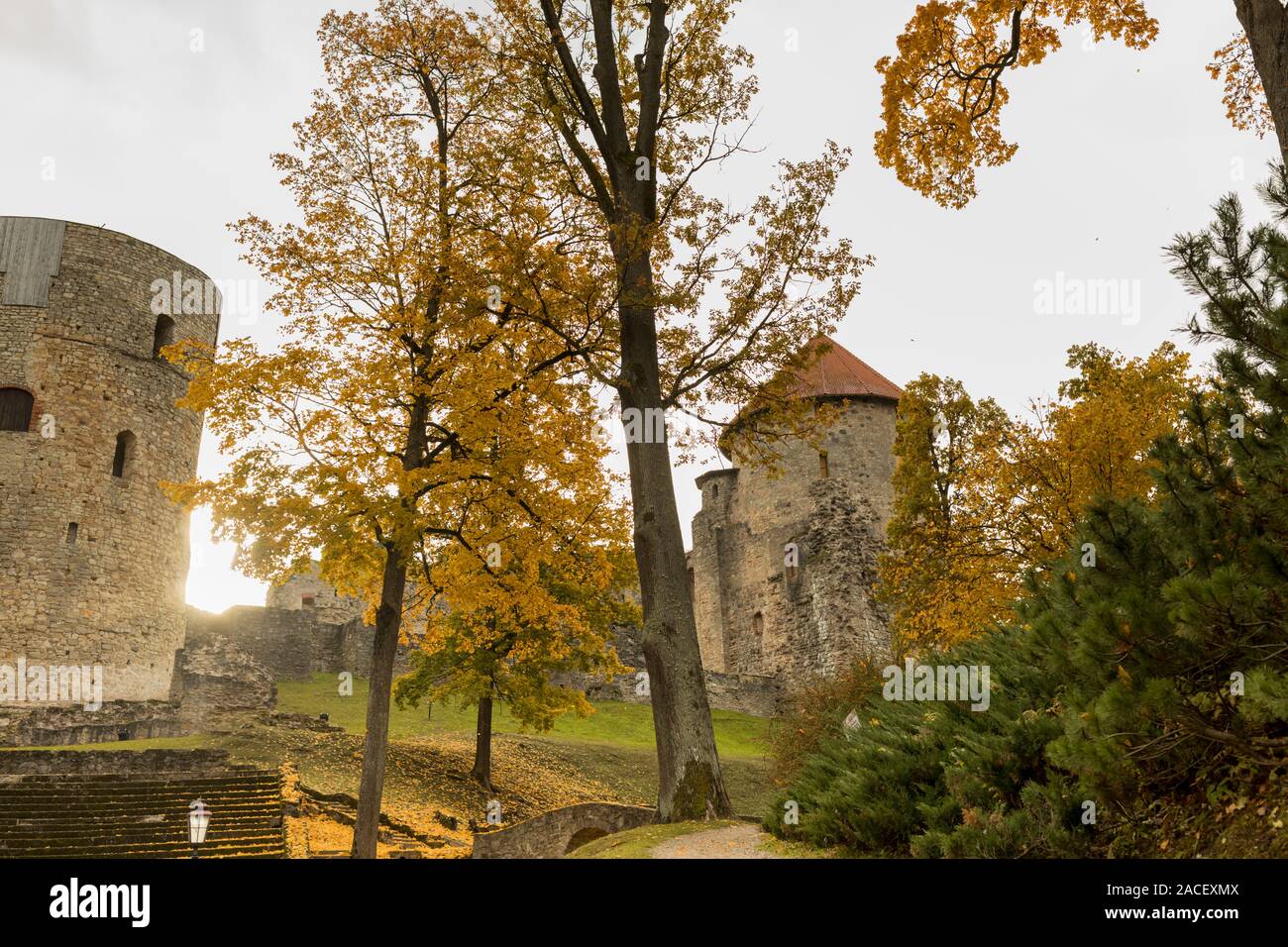 Autumn park with old castle ruins in Cesis town Stock Photo - Alamy