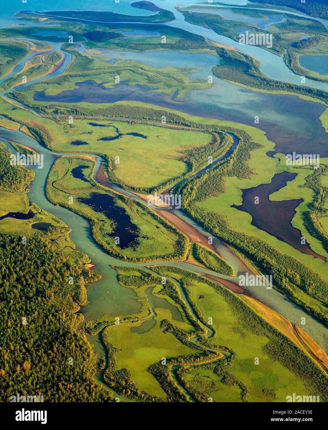 Aerial view of the Rapa valley and the delta of the Rapaadno River ...