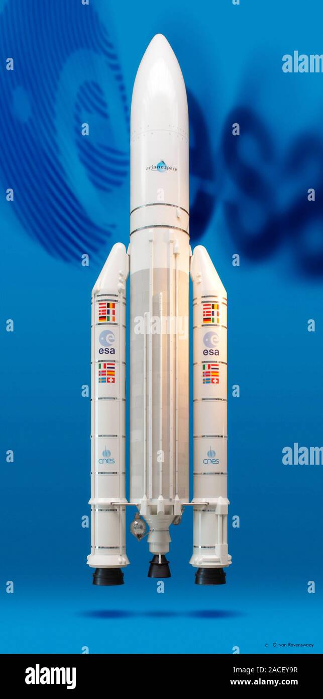 Ariane 5 rocket. 8 meter high model of the Ariane 5 rocket, an ...