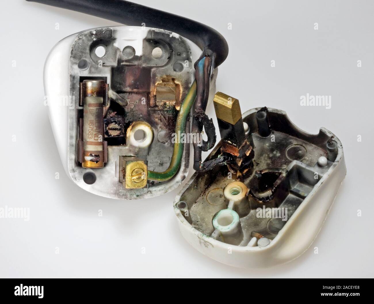 Electric plug damaged by fire. The fire was caused by faulty cable ...