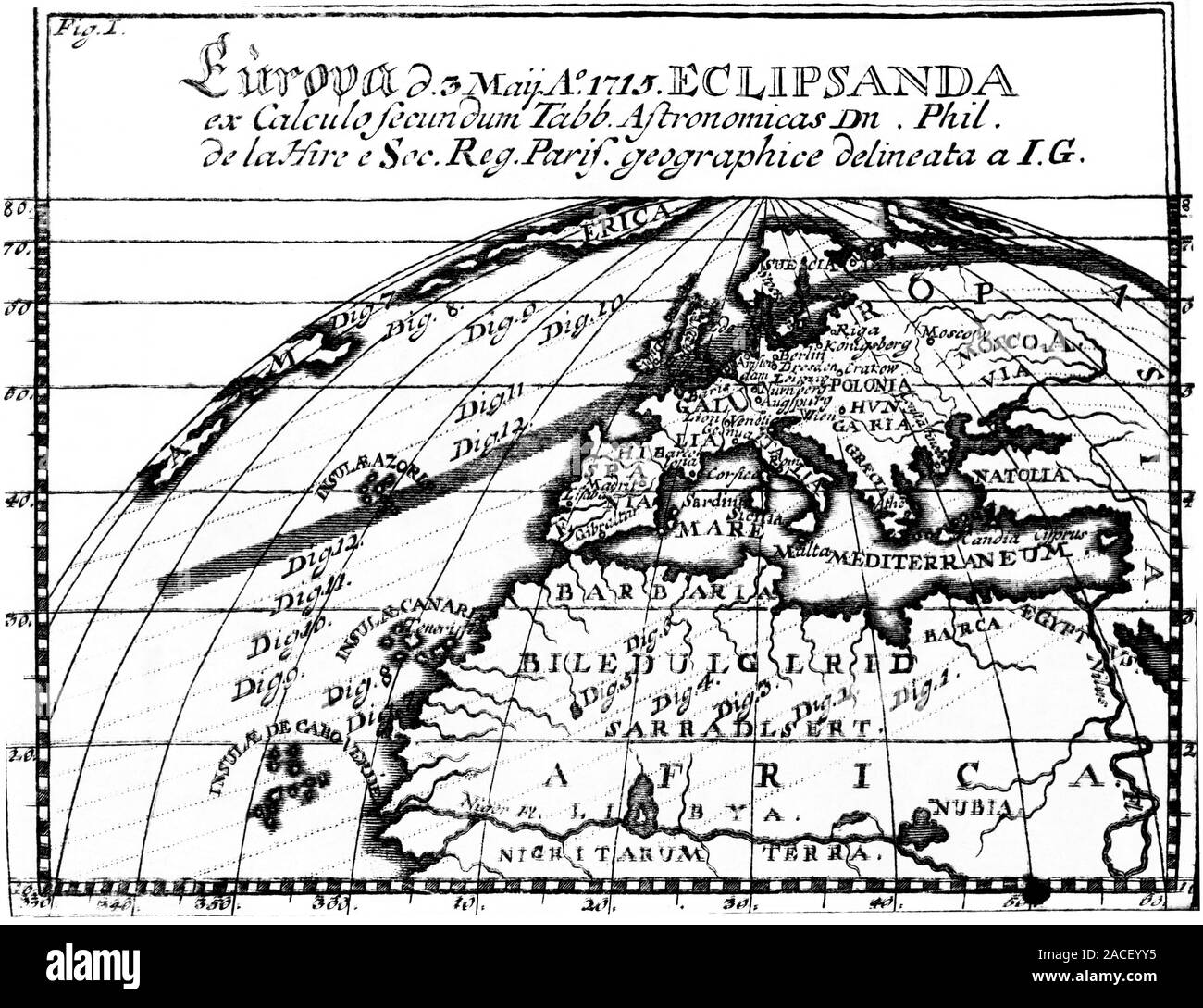 1715 solar eclipse. Historical map showing the path of the shadow of ...