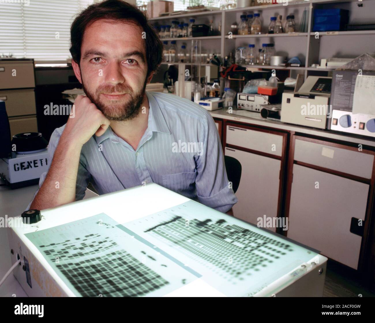 Alec John Jeffreys (born 1950), British geneticist, in his laboratory ...