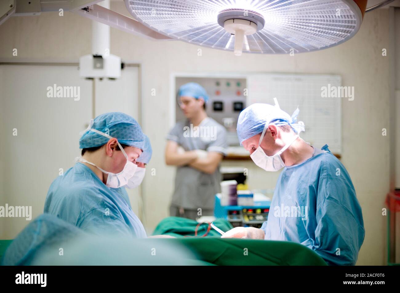 Hernia operation. Surgeons performing surgery to repair a hernia in a ...