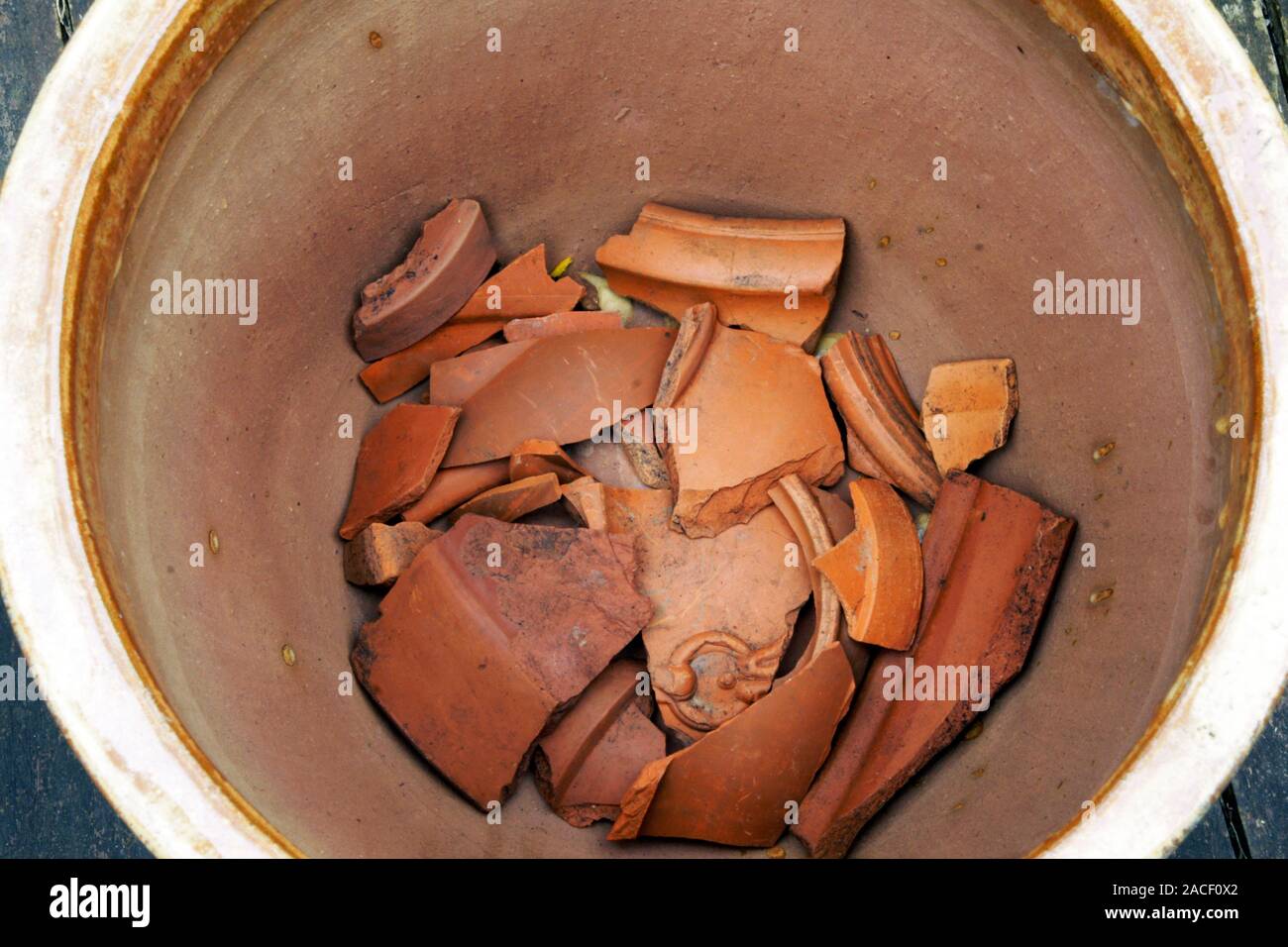 Pot for planting a rhododendron. Broken crockery is placed at the ...