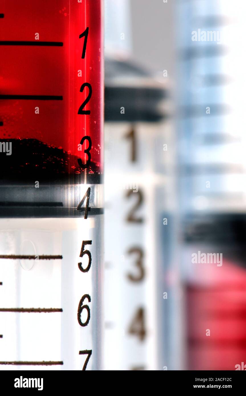 Syringes. Close-up of the side of a syringe with other syringes in the ...