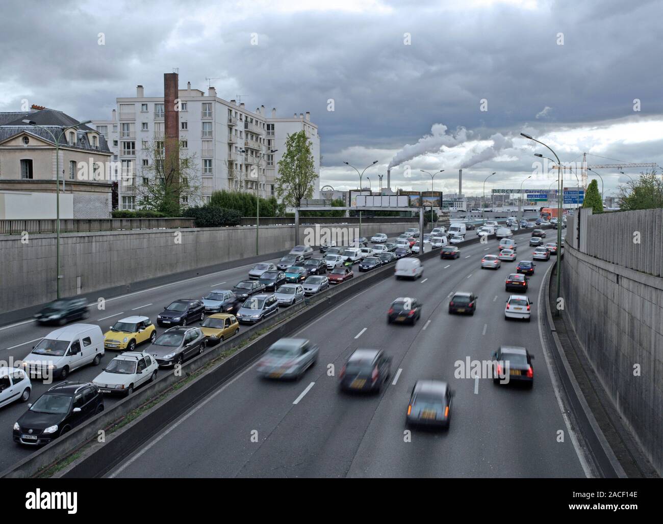 Motorway traffic. A Parisian ring-road showing a line of stationary ...