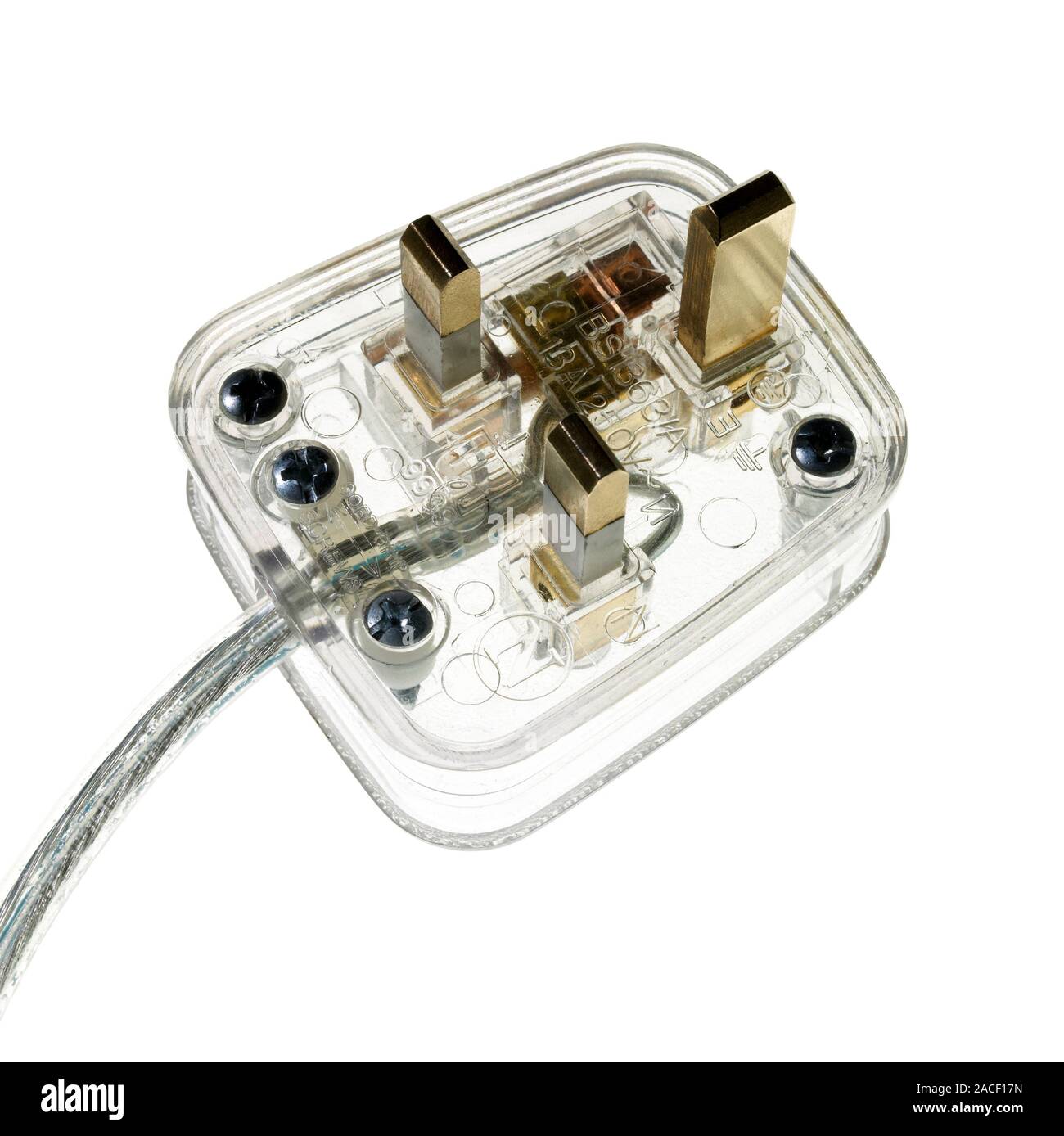 Transparent plug. Underside of a transparent, plastic UK 13-Amp mains ...