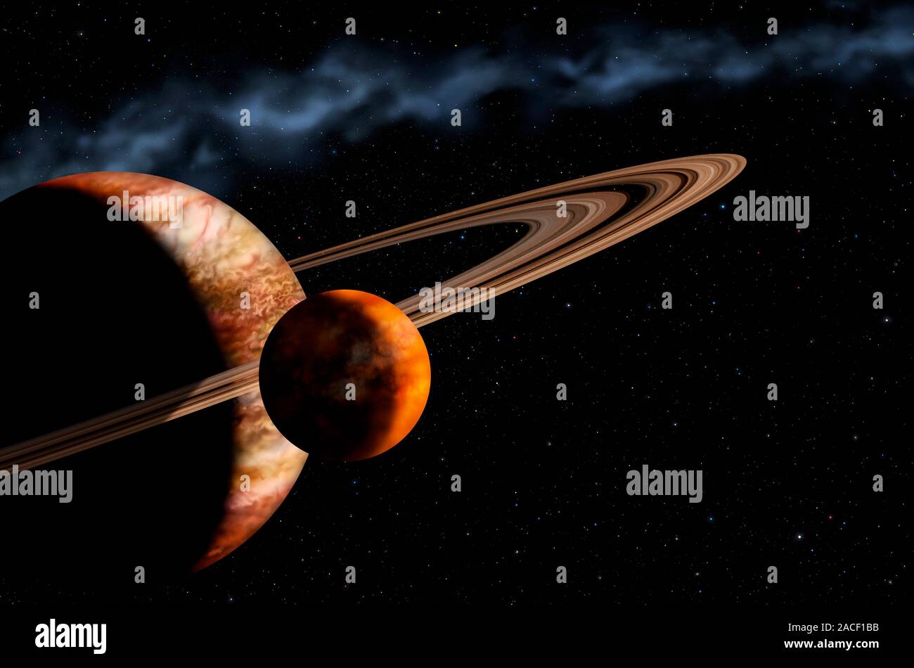 Epsilon Eridani b planet, artwork. This planet (far left) is a ringed ...