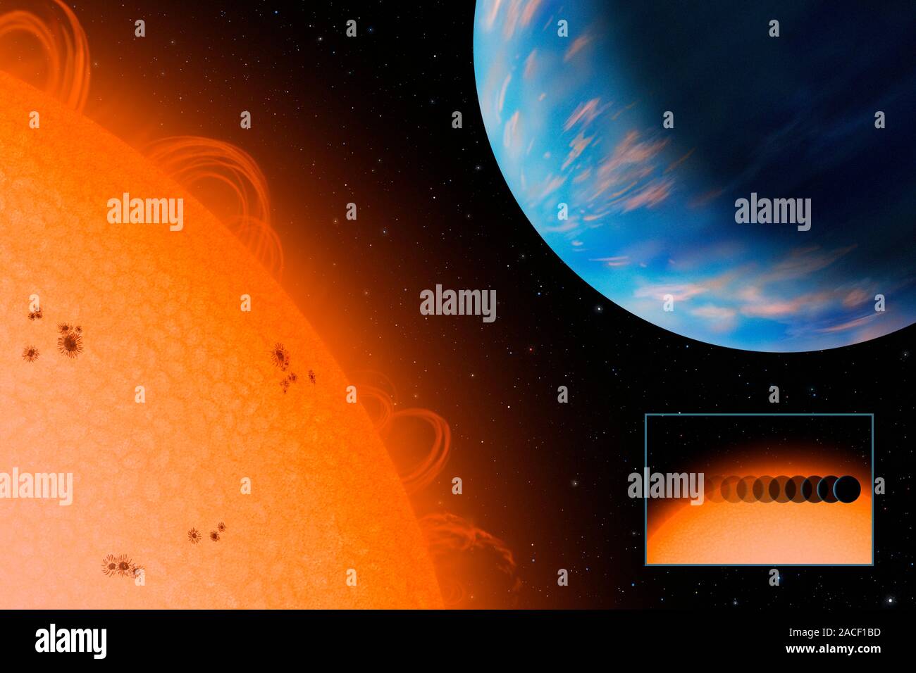 Gliese 436 b planet and star, artwork. The planet is at upper right ...