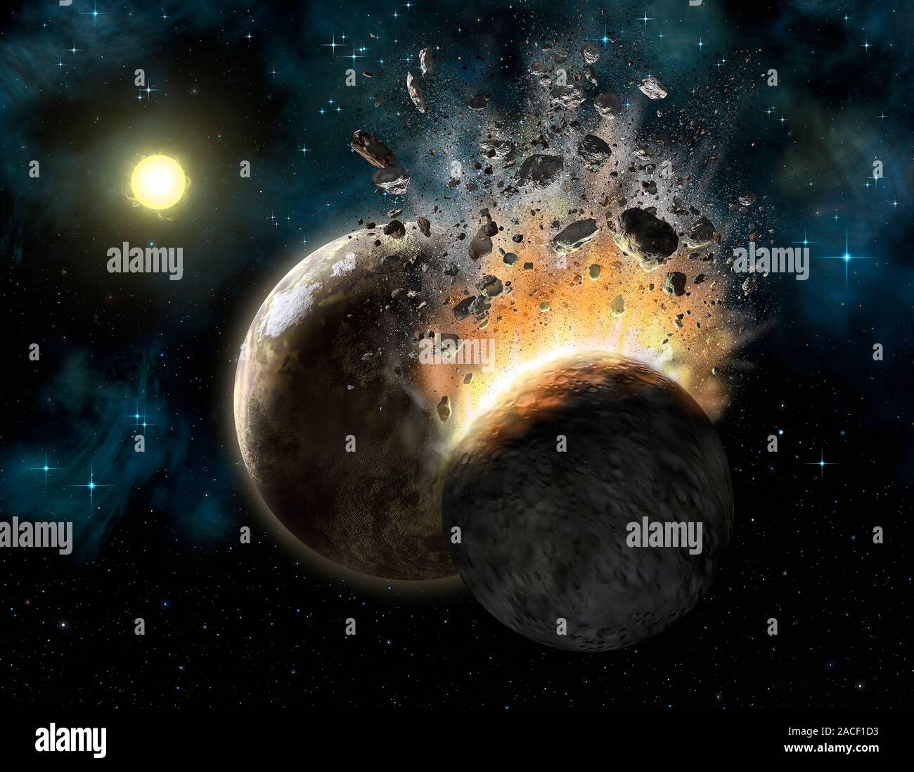 Colliding planets, artwork. These are protoplanets in an evolving ...