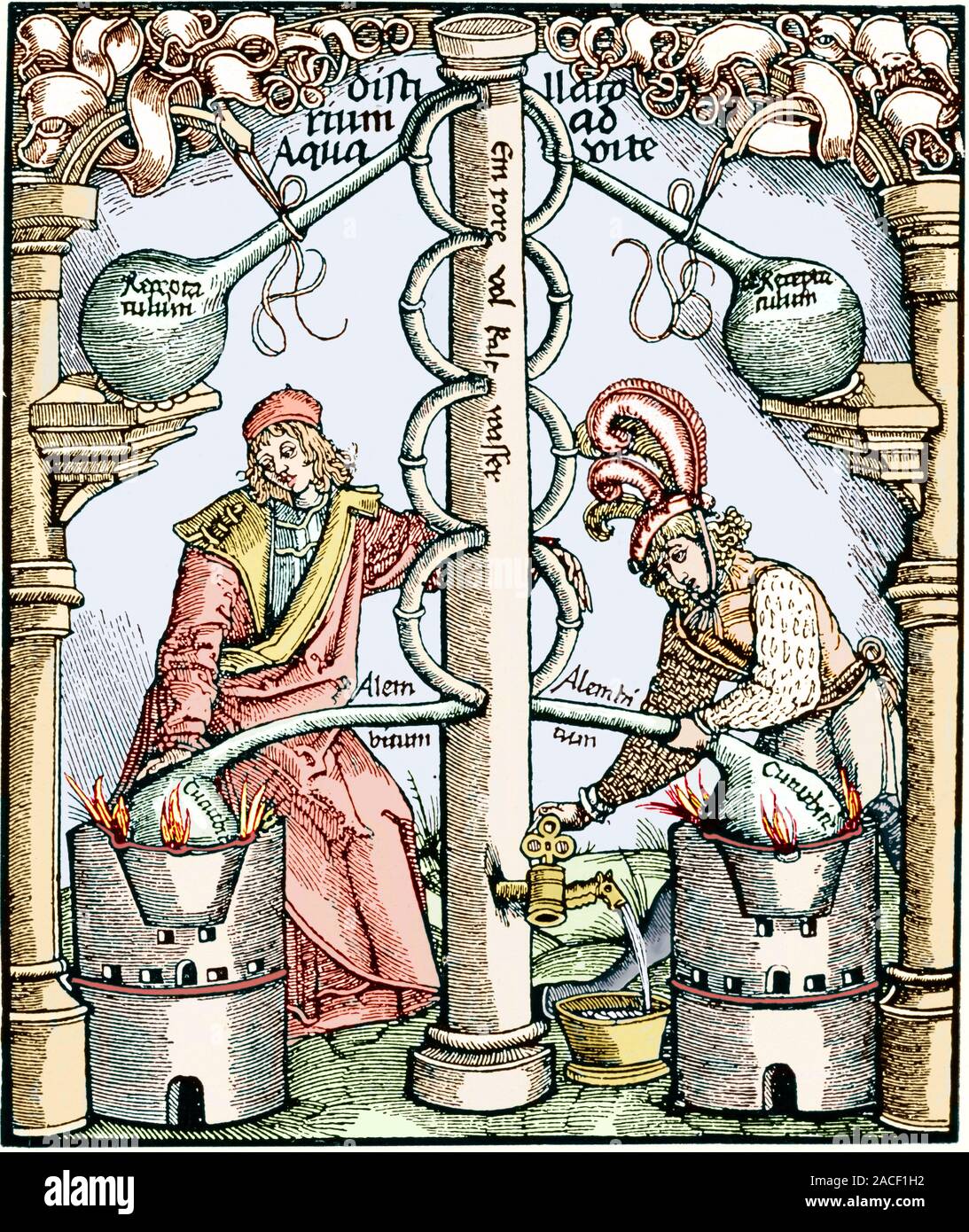Distillation. Coloured 16th century woodcut depicting apparatus used ...