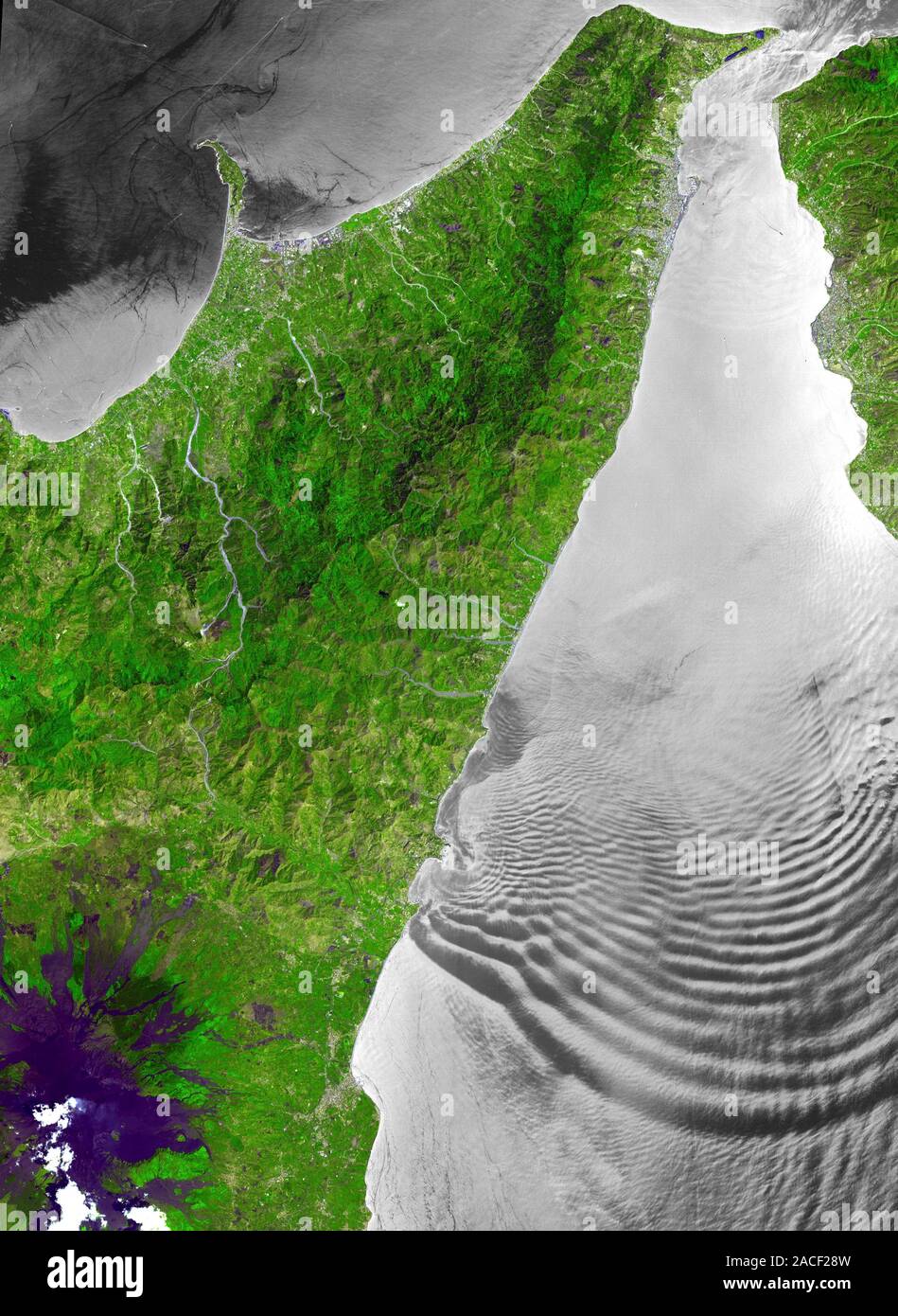 Strait of Messina, satellite image. Land is green and water is grey ...