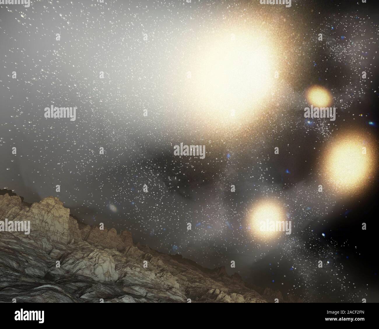 Galactic collision in night sky, artwork. This galactic collision, one ...