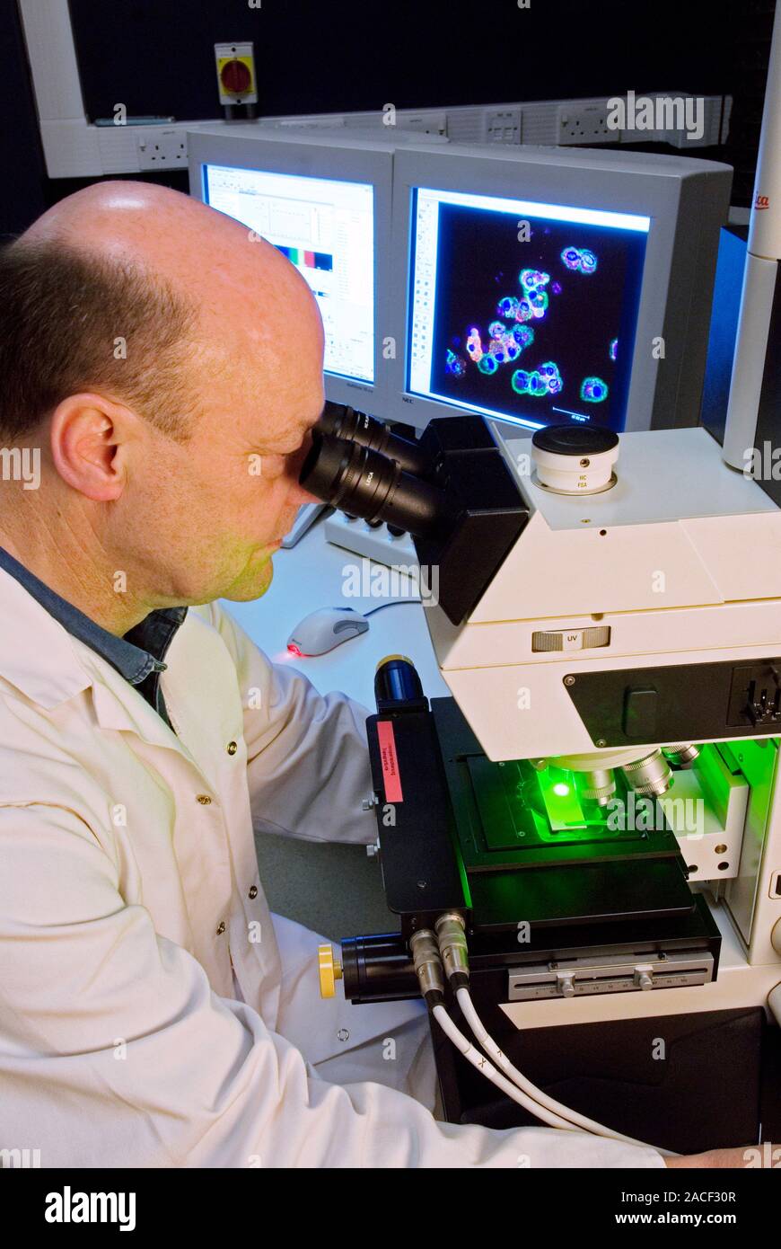 Confocal light microscopy. Researcher using a confocal light microscope ...