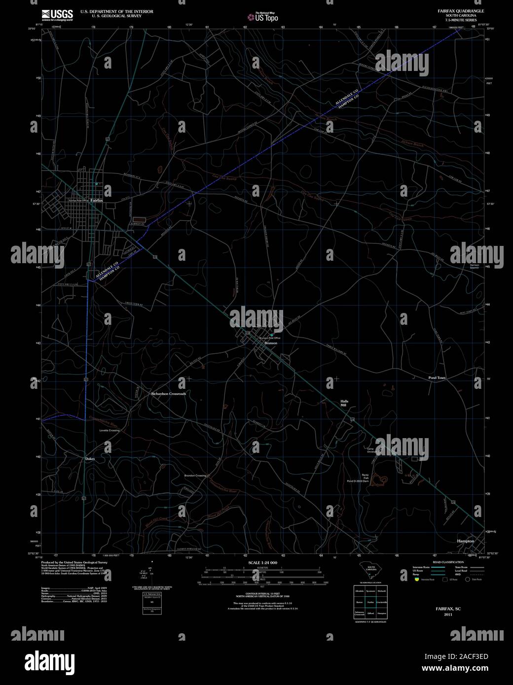 USGS TOPO Map South Carolina SC Fairfax 20110803 TM Inverted ...