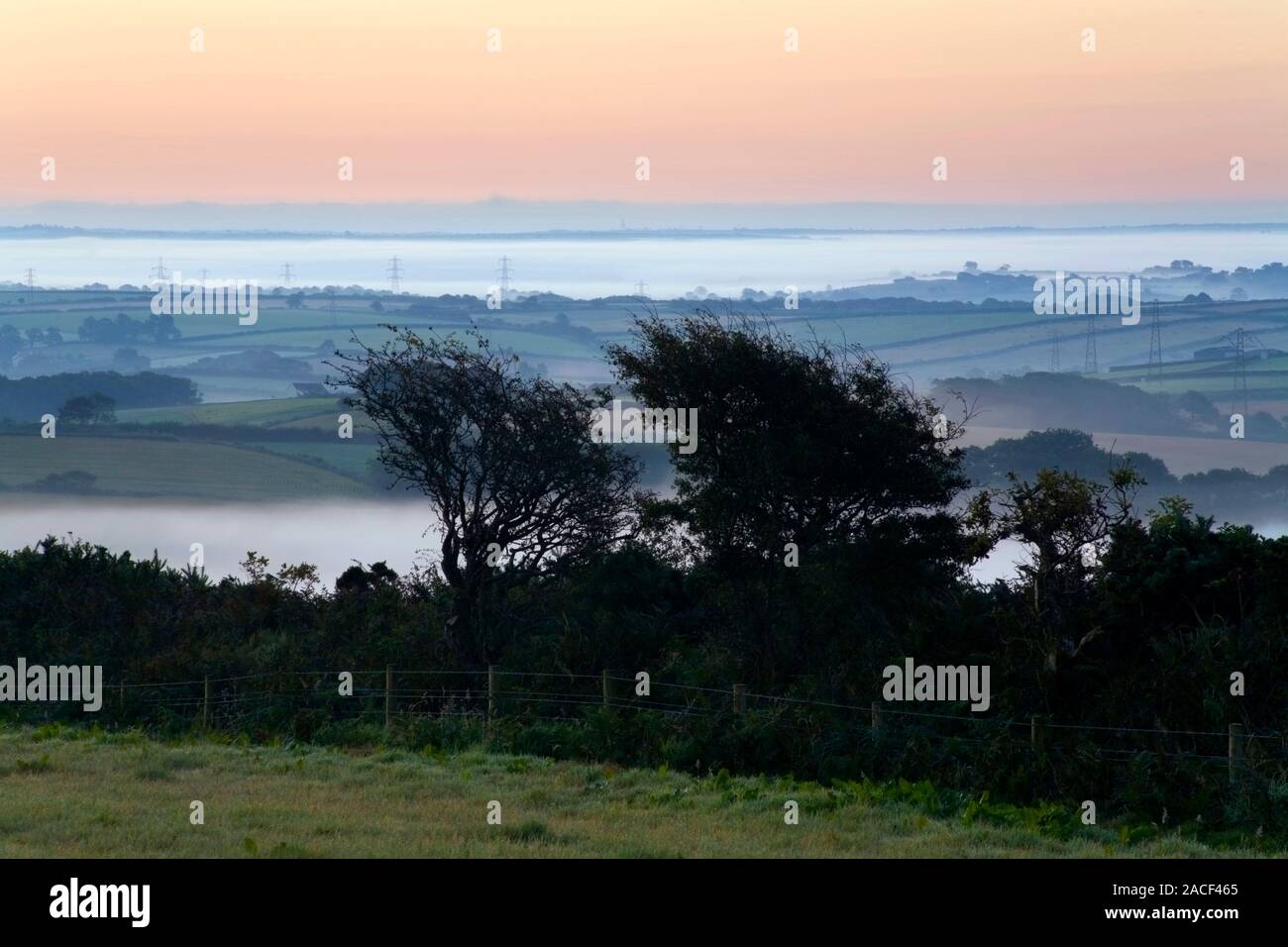 Morning mist. Dawn light over a misty valley. Photographed at Codden ...