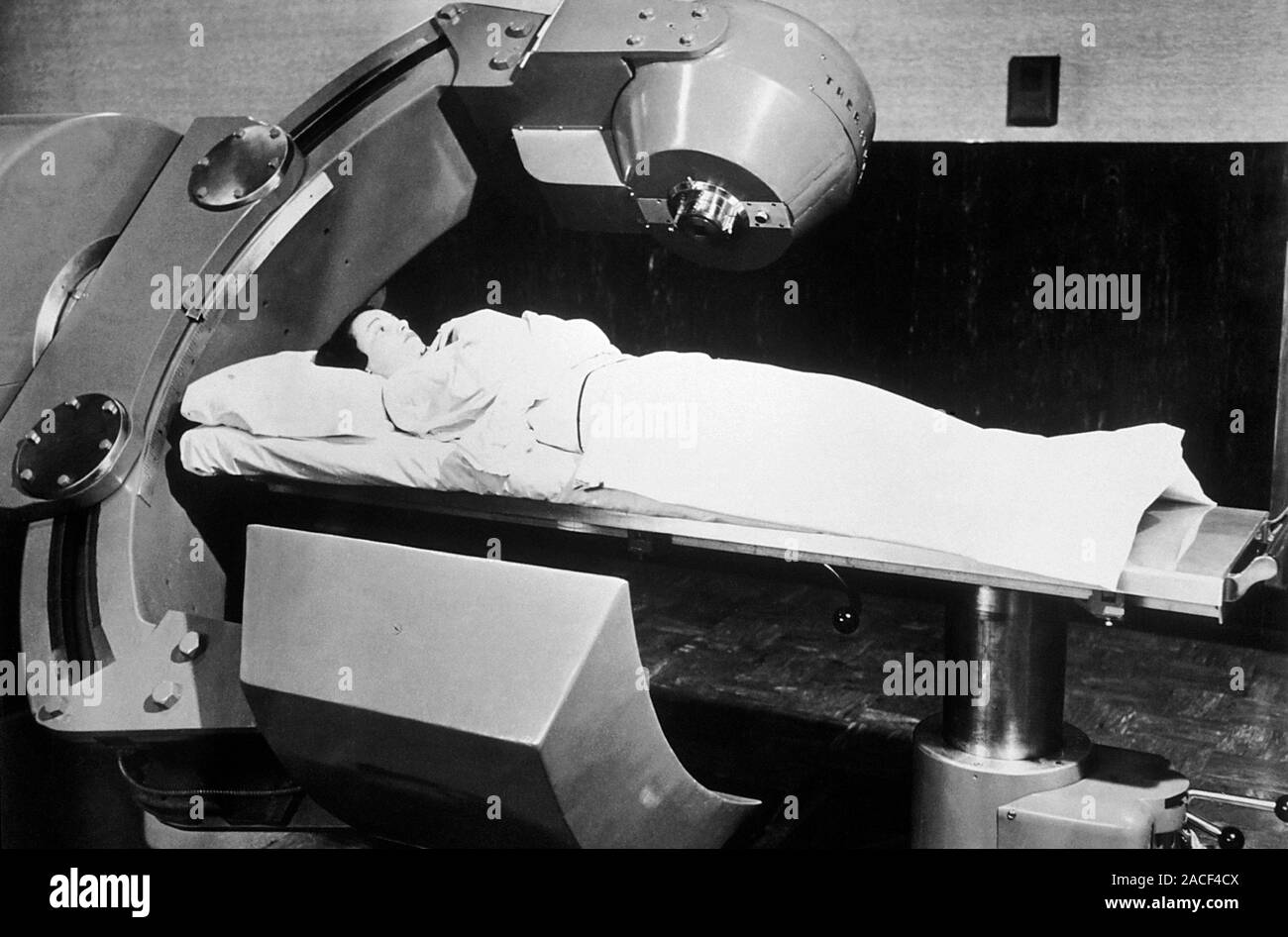 Radiotherapy. Patient receiving cobalt-60 radiotherapy for cancer ...