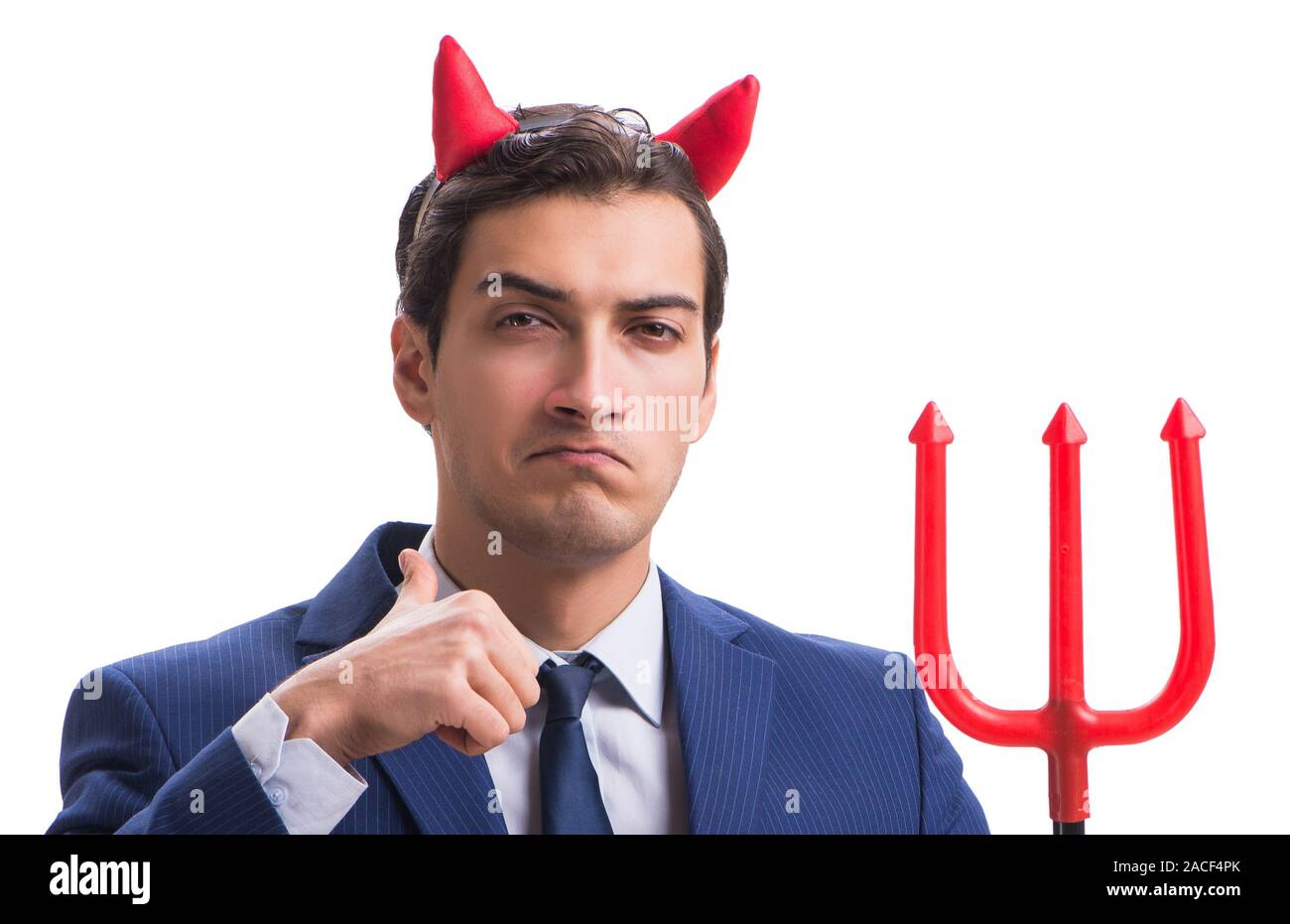 Evil devil businessman with pitchfork isolated on white background ...