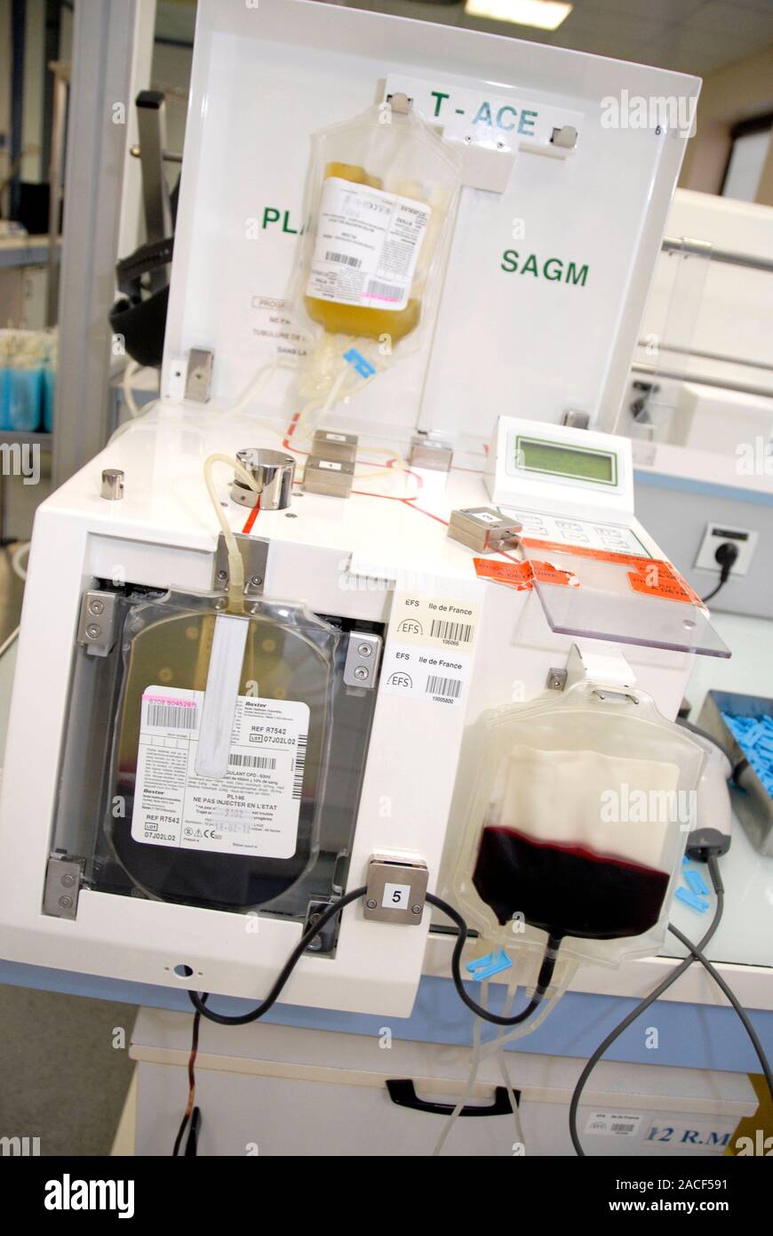 Apheresis machine. Apheresis is the process by which blood from a donor ...