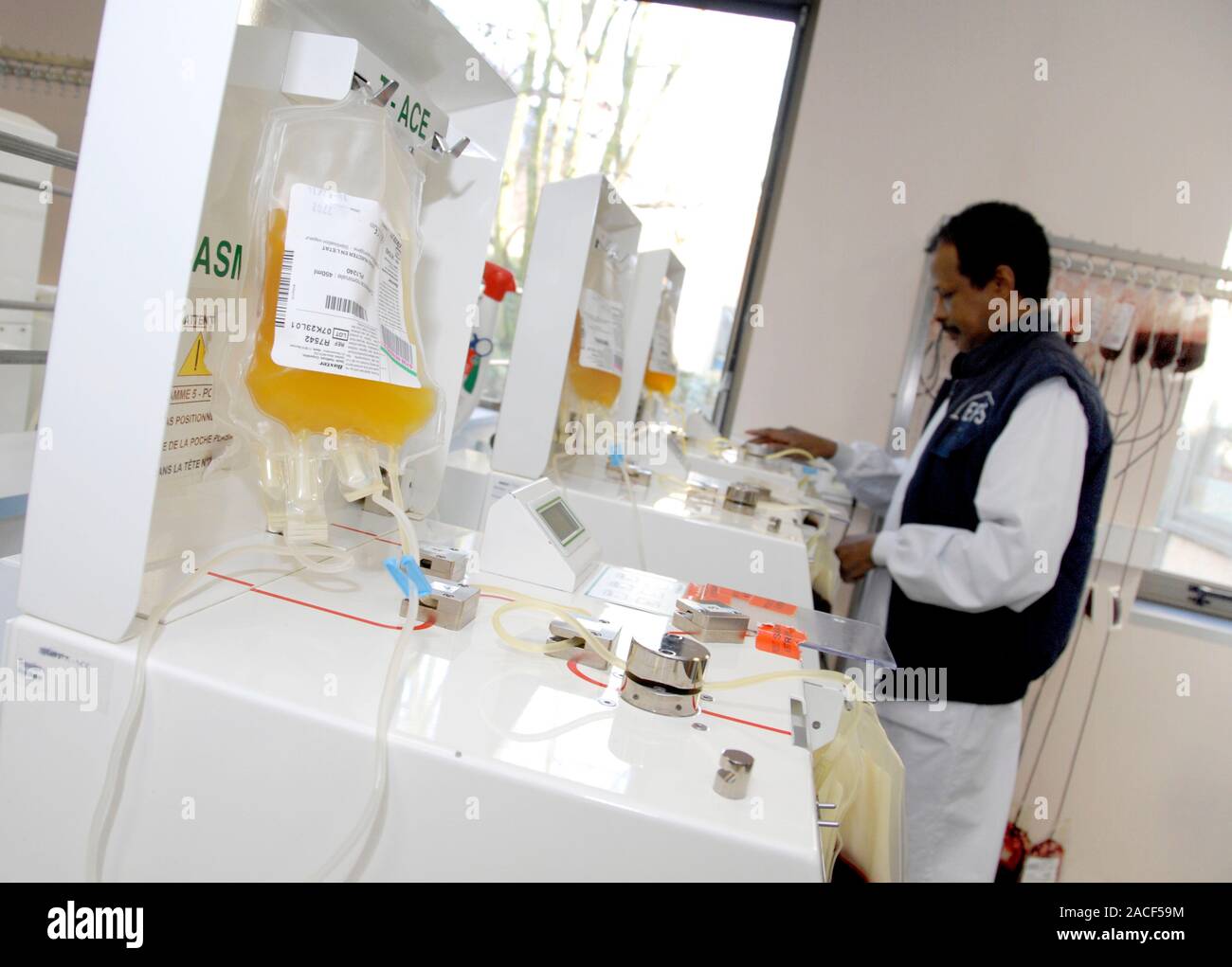 Donor blood processing. Haematologist adjusting an apheresis machine ...