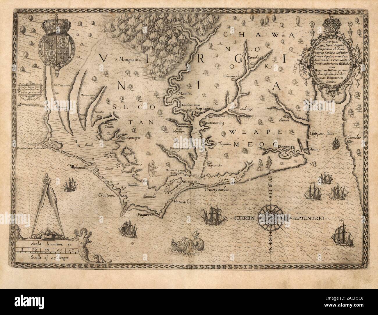 US colony of Virginia, 16th century map. North is at right. The map ...