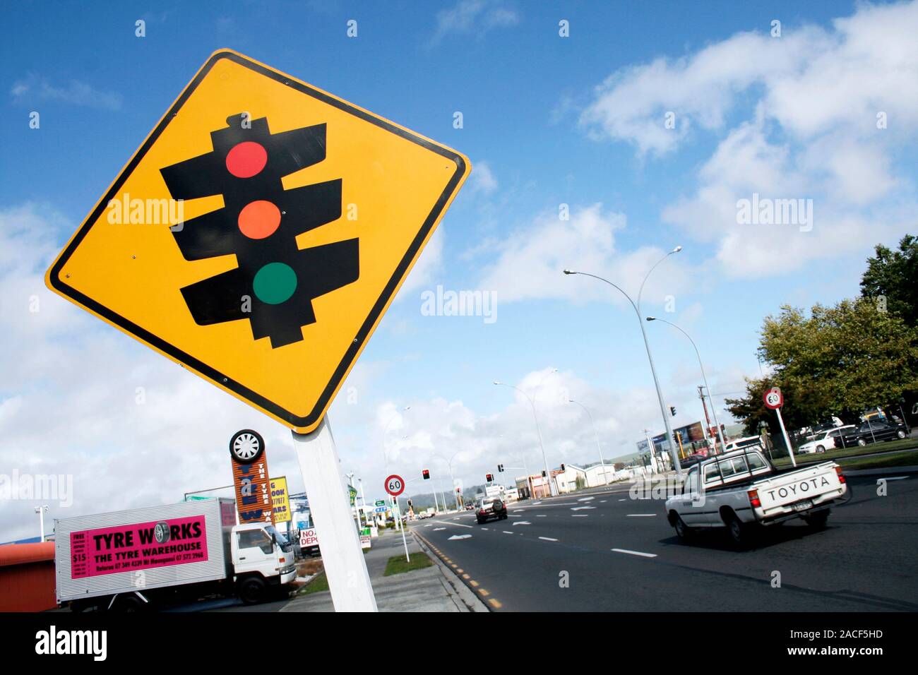 New Zealand road sign. Road sign indicating traffic lights ahead ...