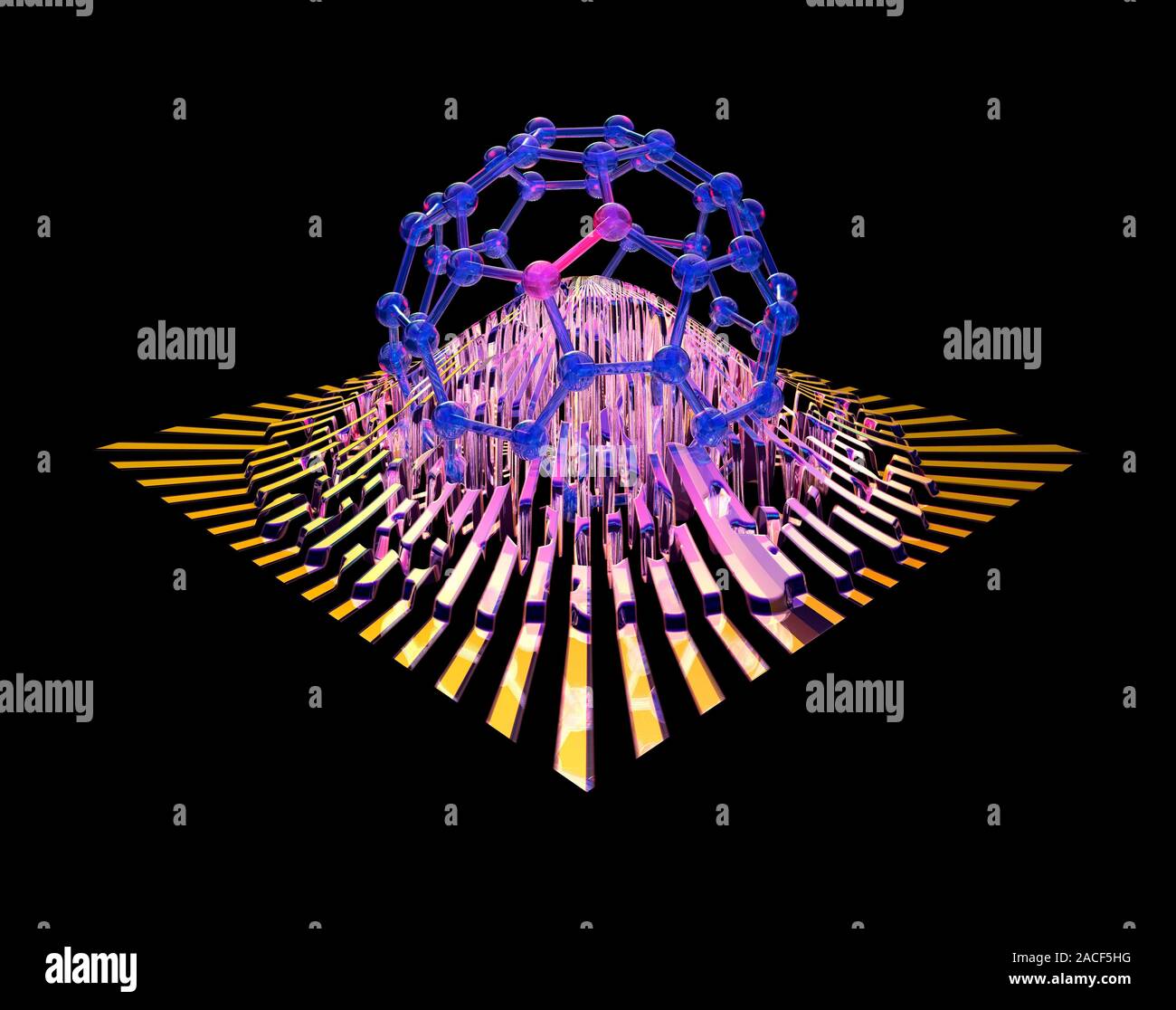 Buckyball molecule integrated into an electric circuit, conceptual ...