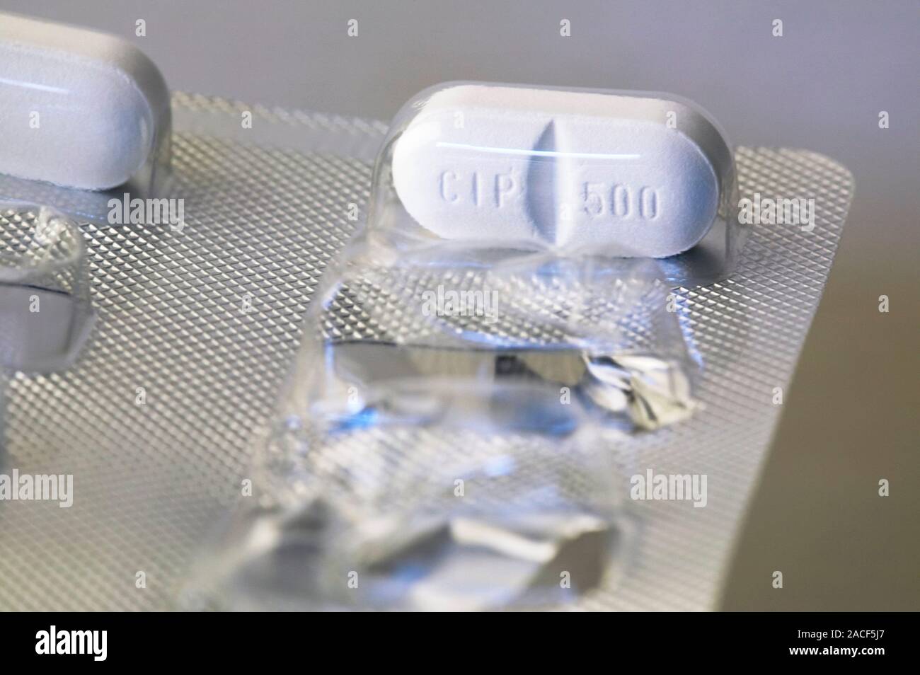 Ciprofloxacin antibiotics in a blister pack. This drug is used to treat ...