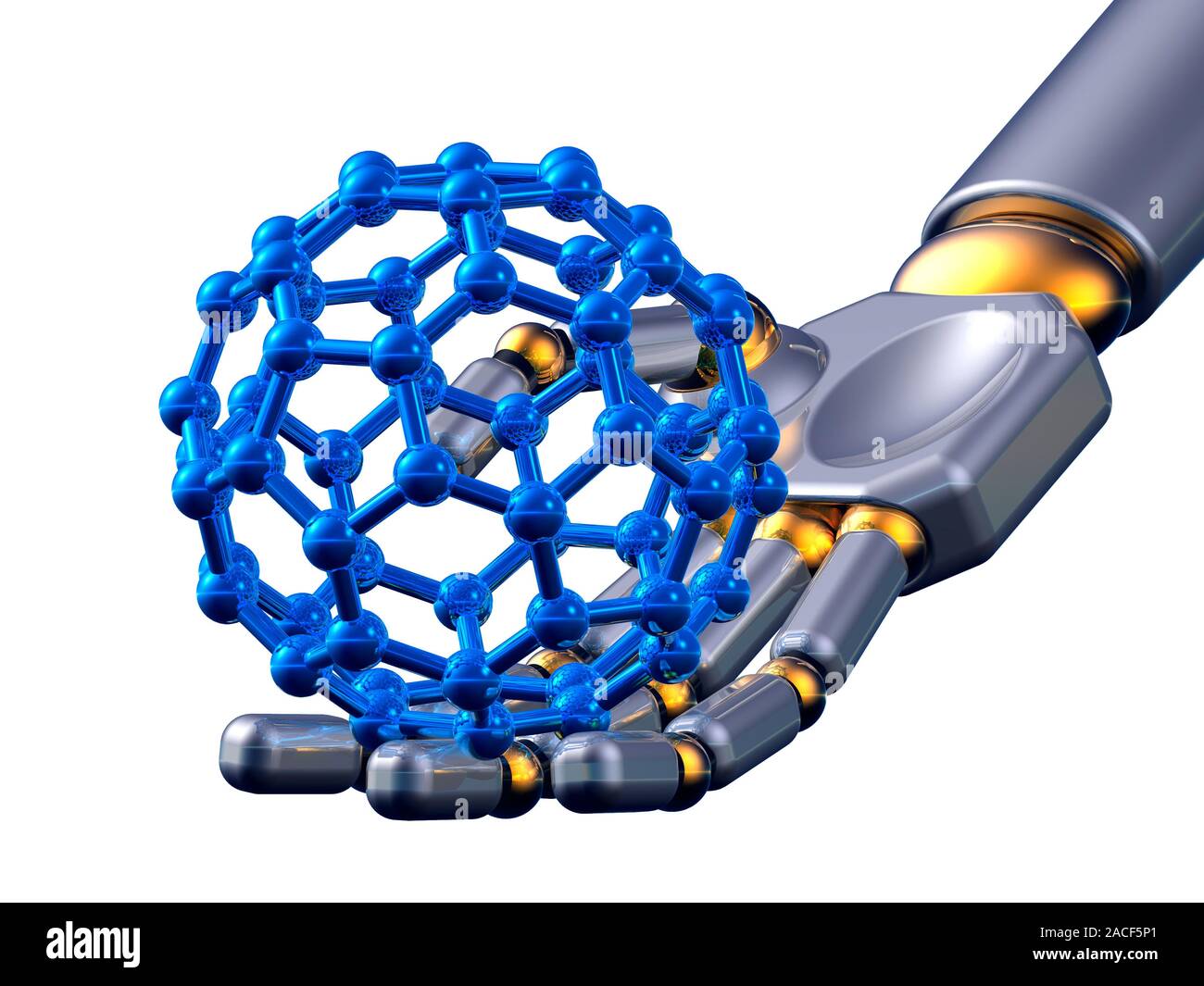 Buckyball molecule being held by a robotic hand. Conceptual computer ...