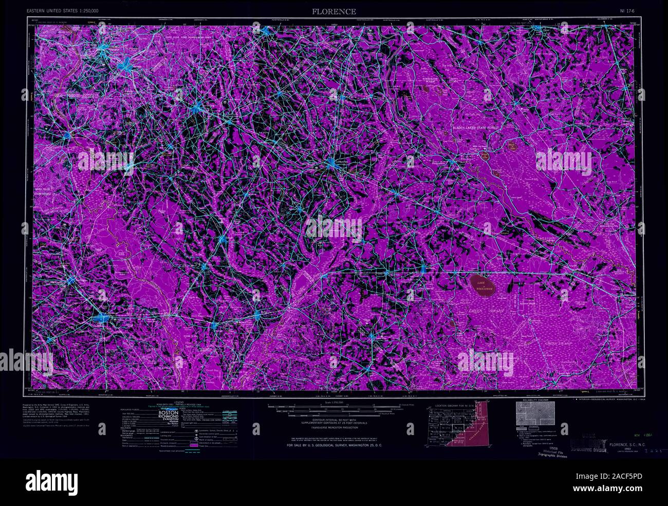 USGS TOPO Map South Carolina SC Florence 262038 1953 250000 Inverted ...
