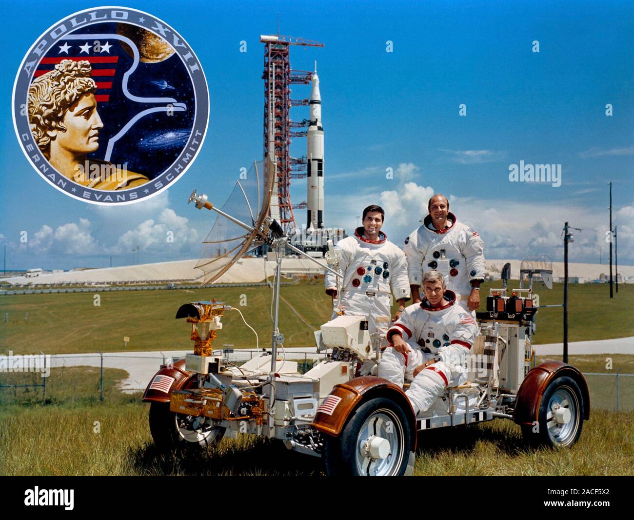 Apollo 17 crew with an engineering model of the Lunar Roving Vehicle ...