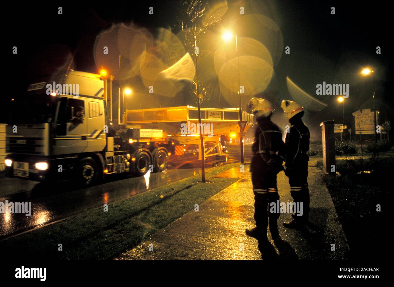 Very Large Telescope (VLT) mirror transport. Traffic police supervising ...