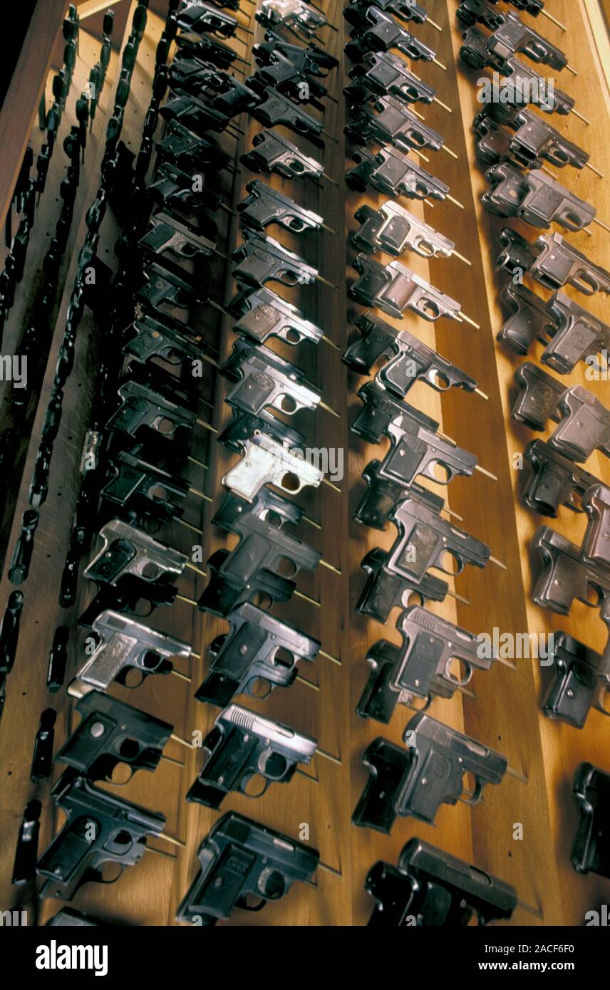 Ballistics laboratory gun collection. Collection of guns at a forensics ...