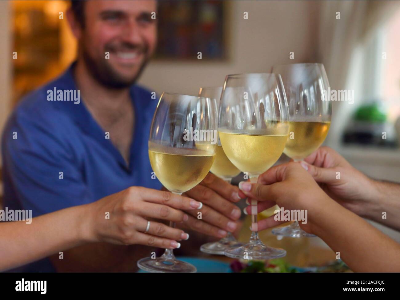 Hands of a group of people cheering with white wine and rising glasses ...