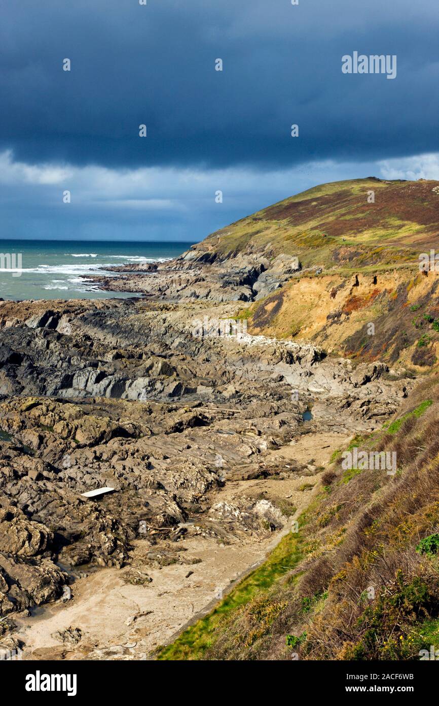 Devonian slate coastline. View of Morte Point seen from Morthoe, Devon ...