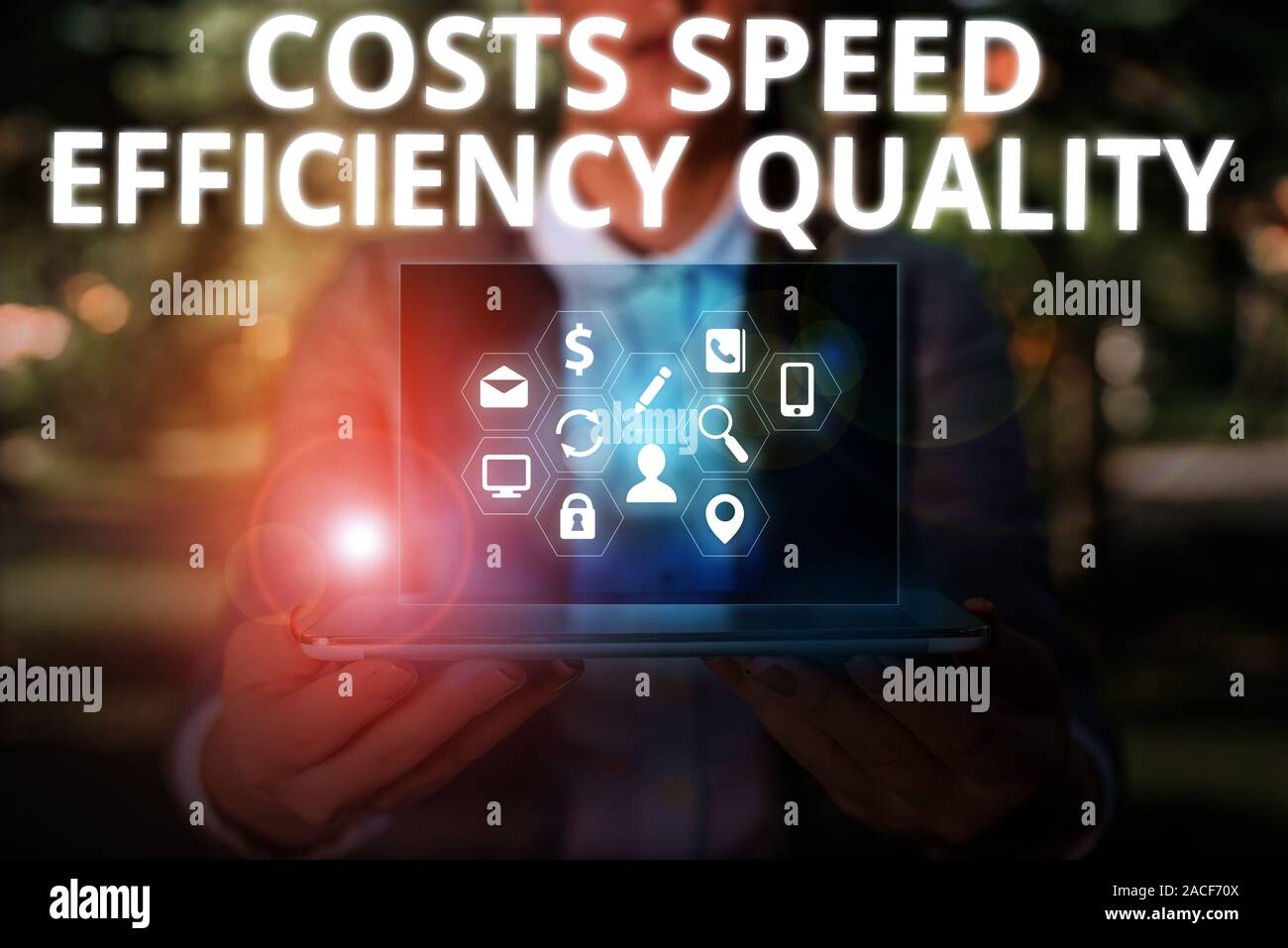 Writing note showing Costs Speed Efficiency Quality. Business concept ...