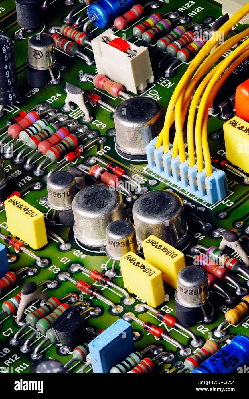 Circuit board components soldered into a printed circuit board (PCB ...