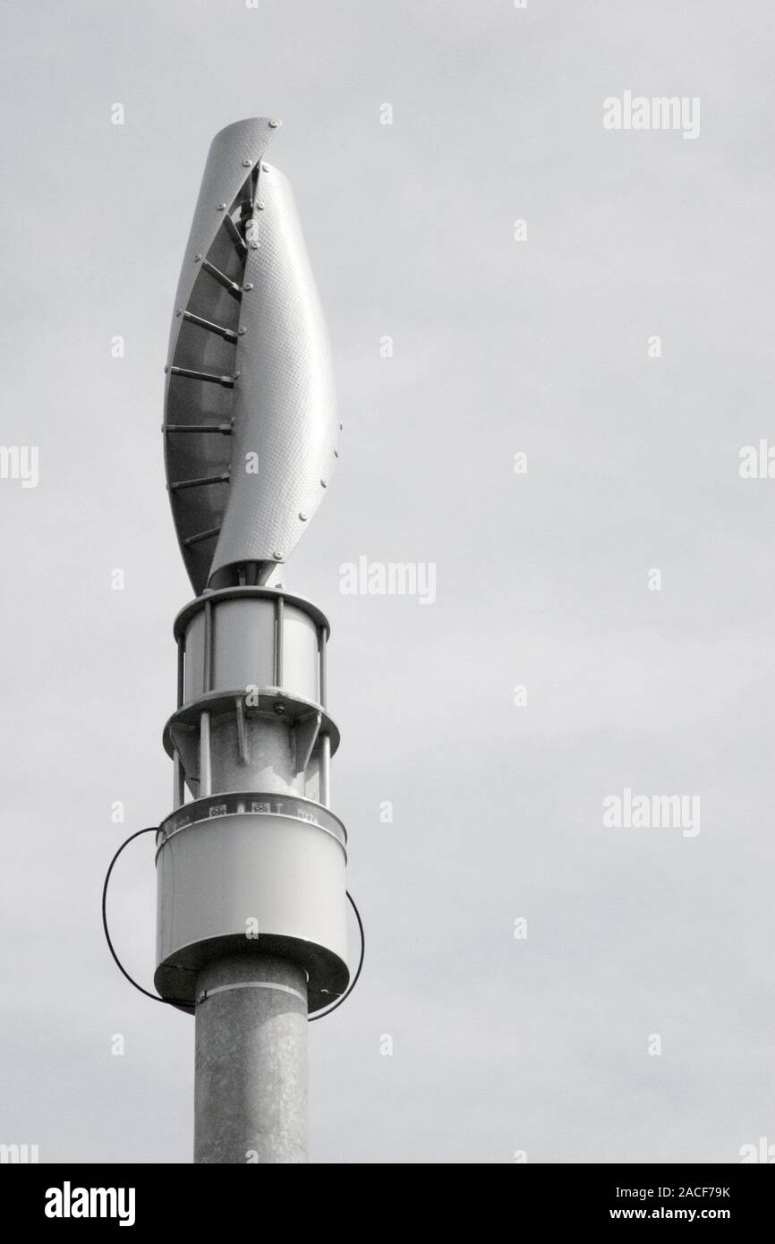 Vertical-axis wind turbine. Close-up of the top of a vertical-axis wind ...