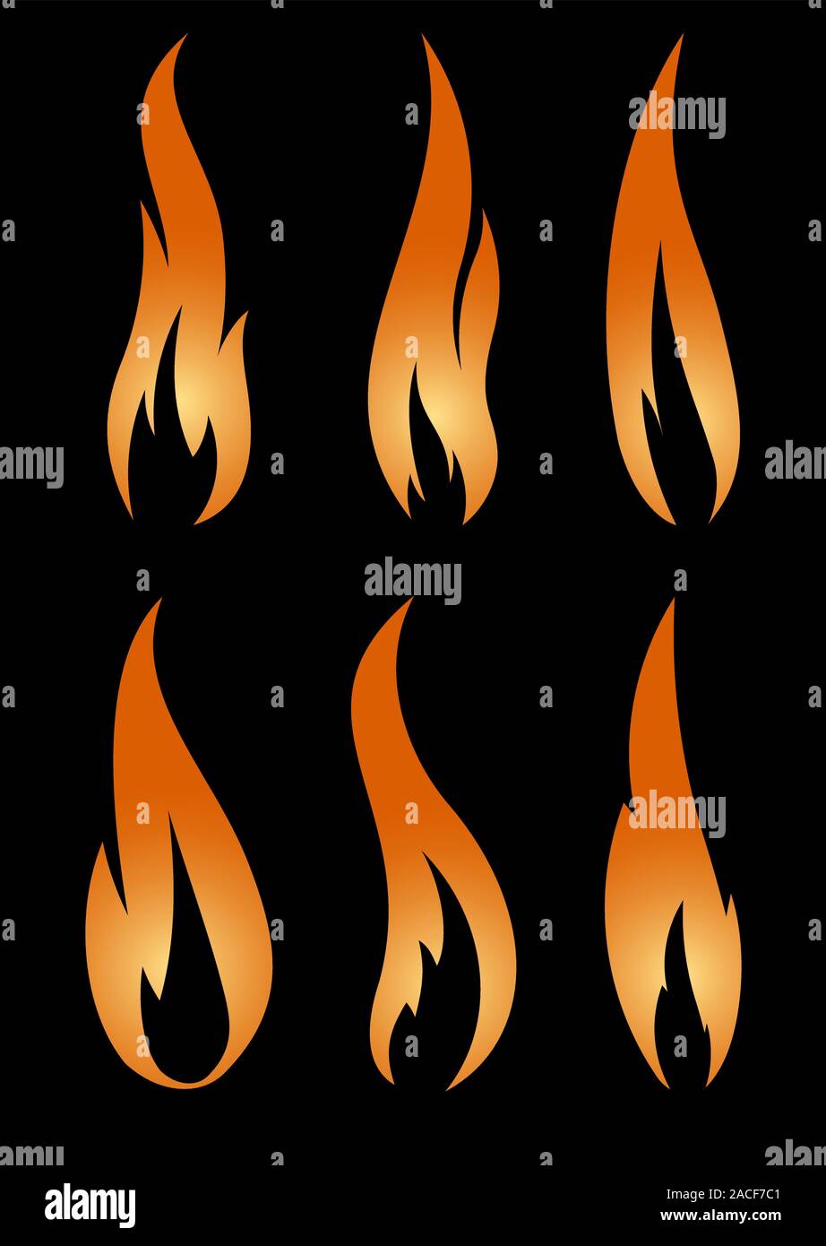 Set of six unusual thin red realistic stylish fire flames on a black ...