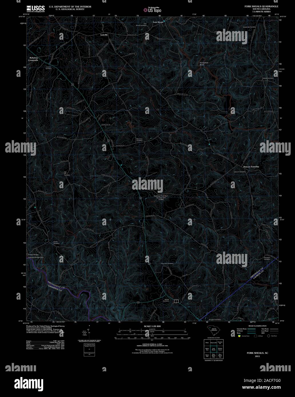 USGS TOPO Map South Carolina SC Fork Shoals 20110819 TM Inverted ...