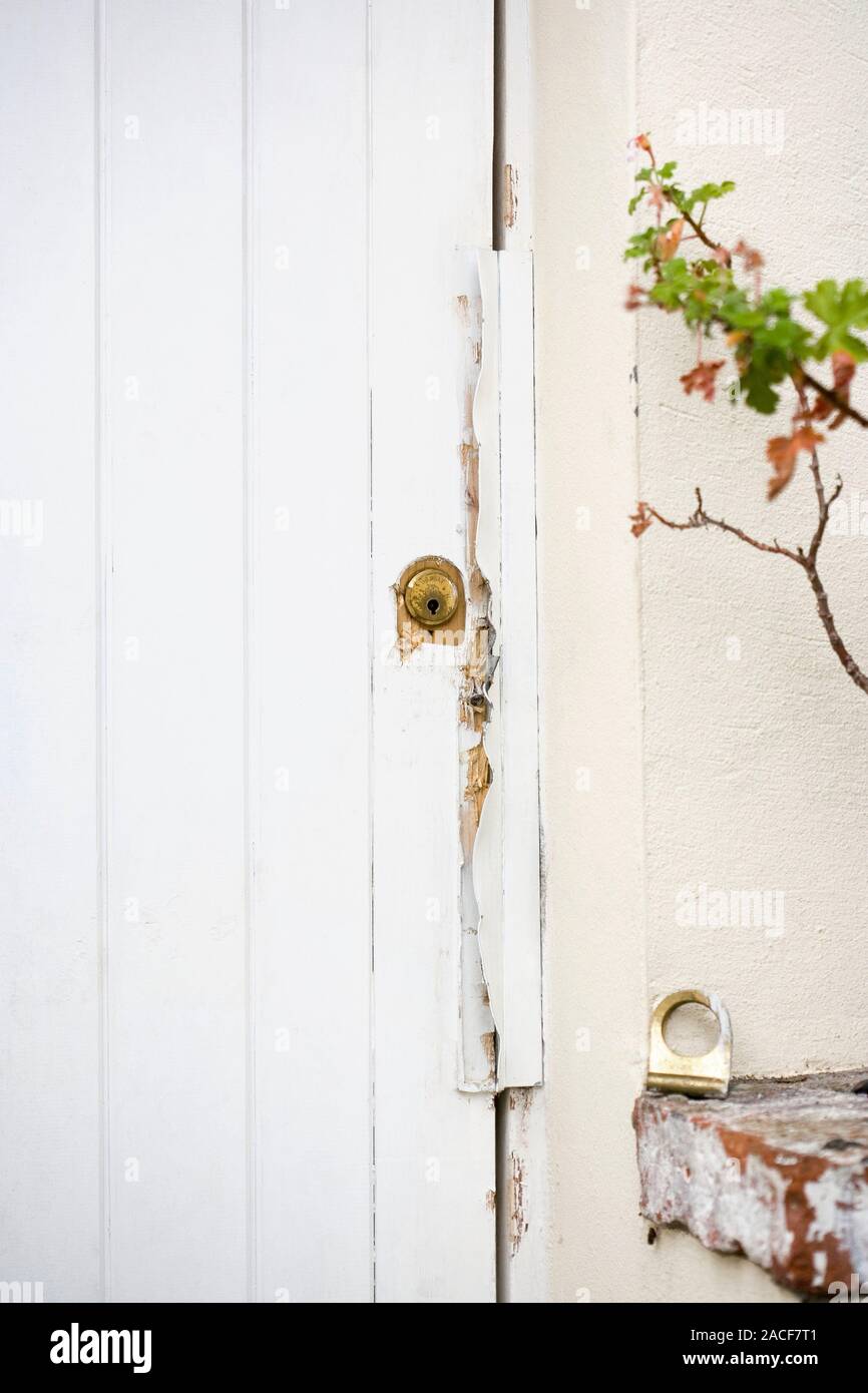 Burglary damage. Door and lock damaged during a burglary Stock Photo ...