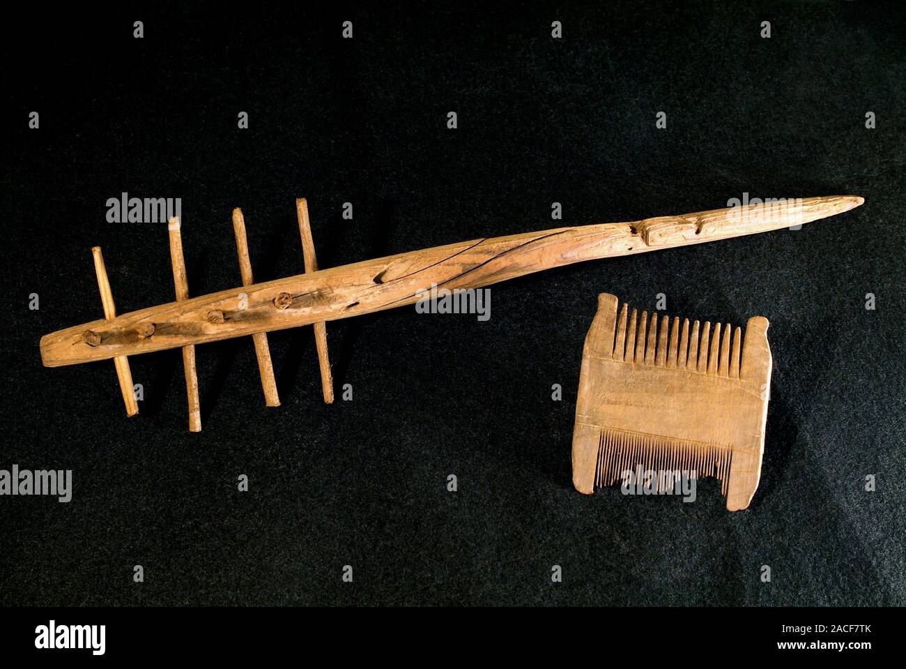 Excavated wooden artefacts. Food mixer and wood comb discovered at an ...